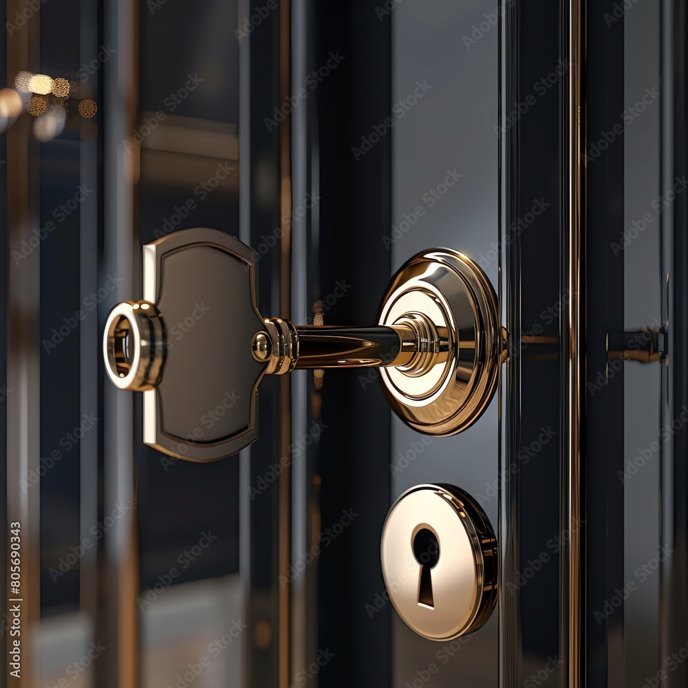 Realistic 3D rendering of a shiny key midway into a door lock ...