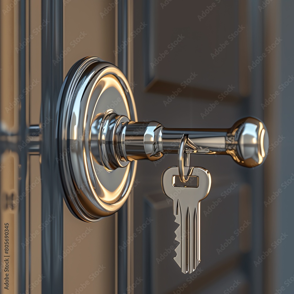 Realistic 3D rendering of a shiny key midway into a door lock ...