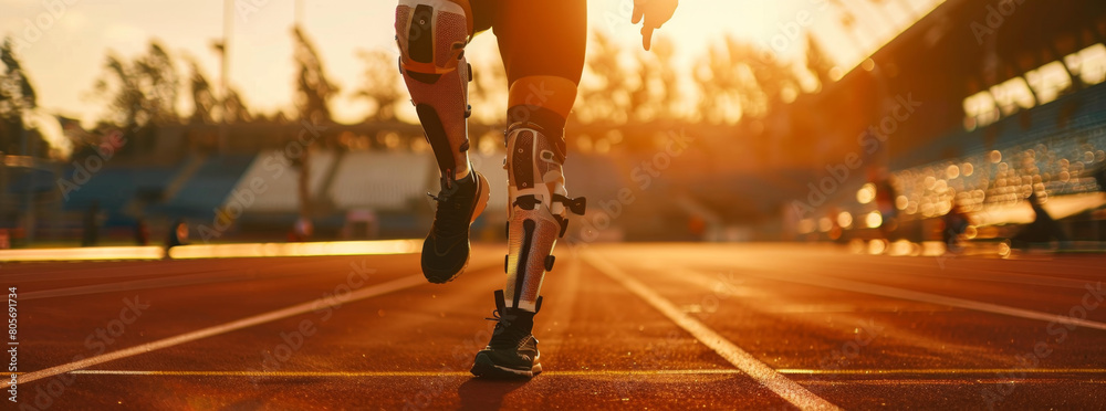 An amputee runner with a prosthetic leg running on the track at a ...