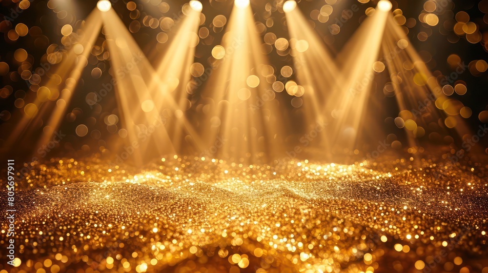 Illuminated stage with scenic golden glitter lights with spotlight ...