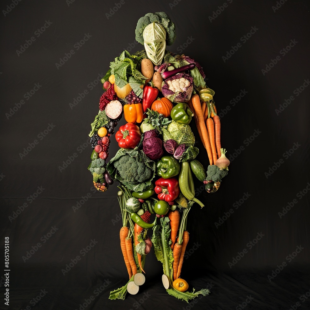 Human figure sculpted from diverse fruits and vegetables, featuring ...