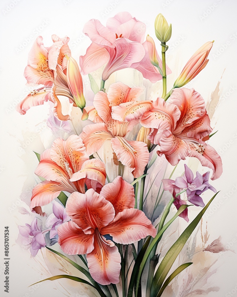 Delicate Iris Flower and Peruvian Lily in watercolor, capturing the ...