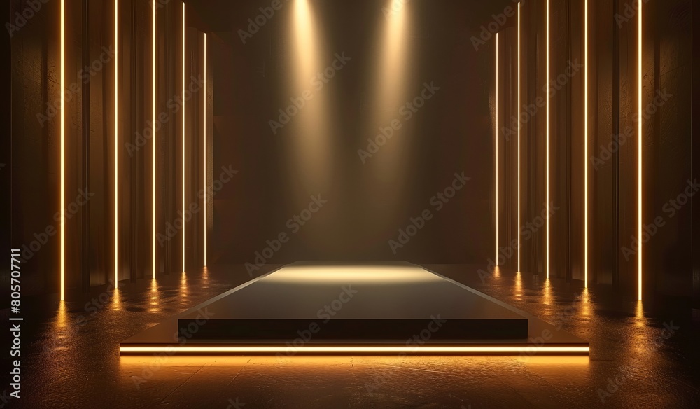 A dark background with golden light rays, a rectangular stage in the ...
