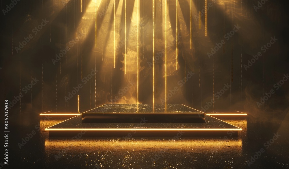 A dark background with golden light rays, a rectangular stage in the ...