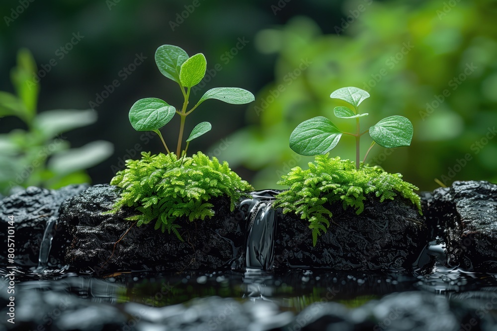 Two green plants on wet soil. Water streams wet earth with two young ...