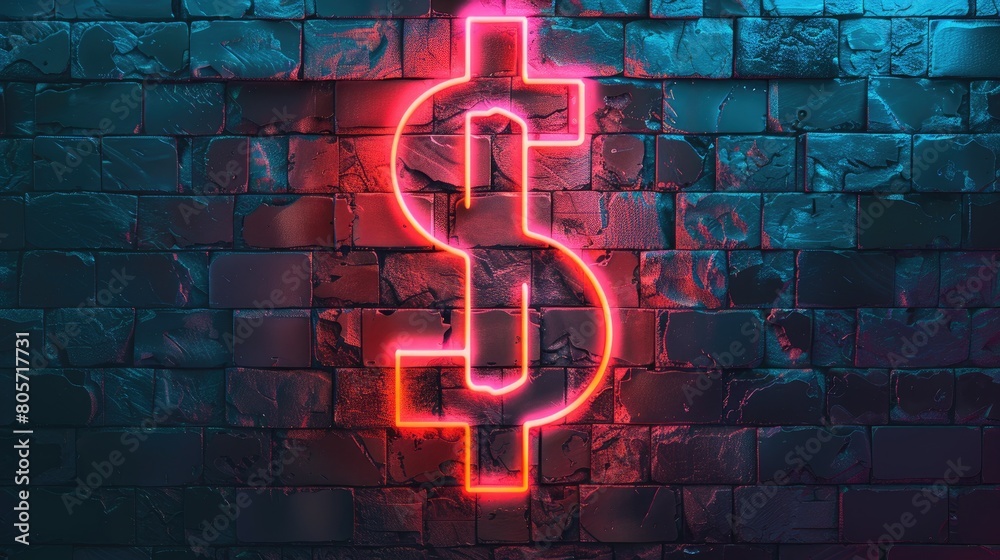 Neon sign in the shape of a dollar symbol on a brick wall, radiating a ...