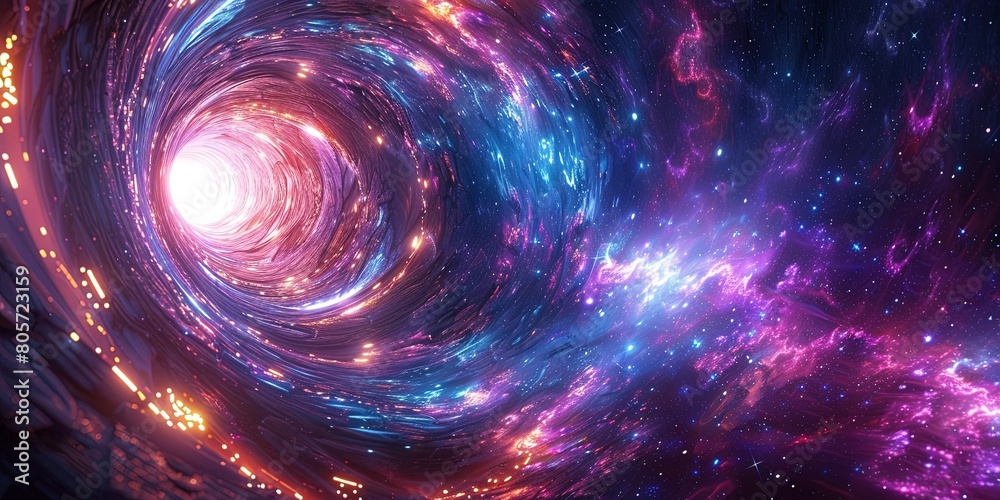 Color image of a warp tunnel in deep space. Matter particles spin in ...