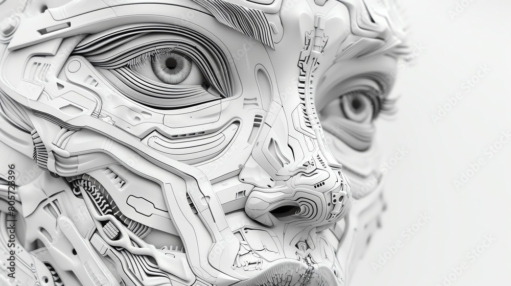 Bring a futuristic cyborg to life in a frontal view, combining ...