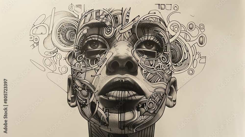 Bring a futuristic cyborg to life in a frontal view, combining ...