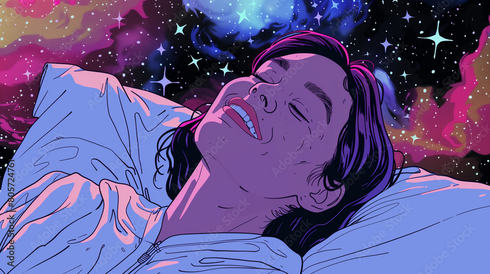 A simple cartoon drawing depicts a woman laying on her back in a dark ...