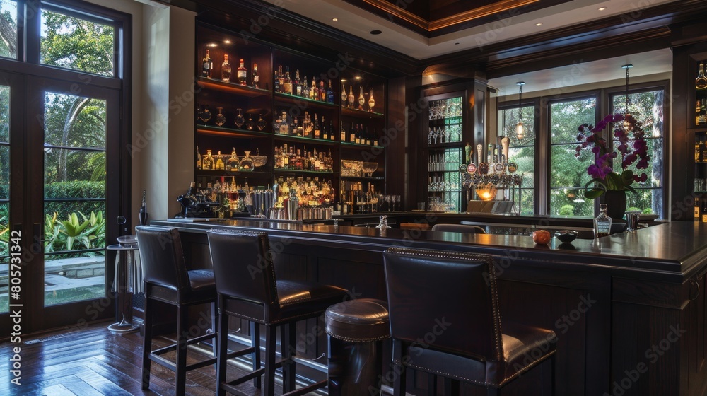 The image shows a home bar with dark wood cabinets, a marble countertop ...