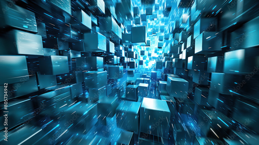 Blue geometric shapes form a 3D techy backdrop for a futuristic design ...