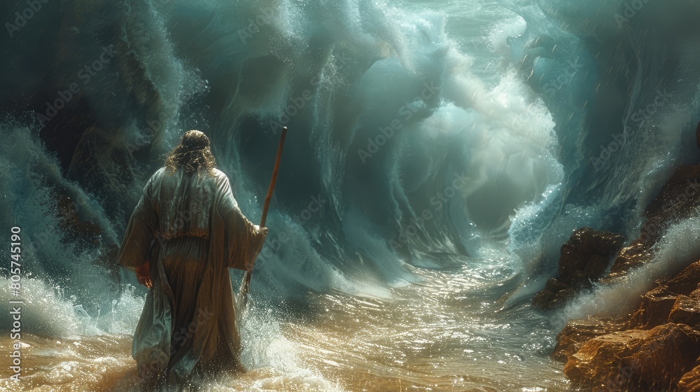 Portrait of the biblical back view of Moses dividing the sea with his ...