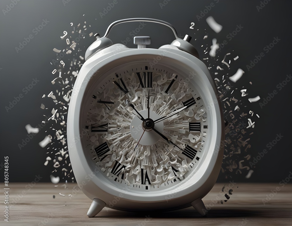 Time is running out. White alarm clock with flying numbers as a symbol ...