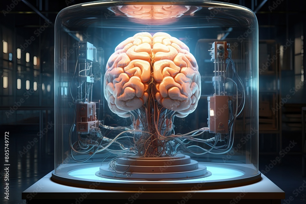 Cloned human brain with wires connected to it. The human brain in the ...