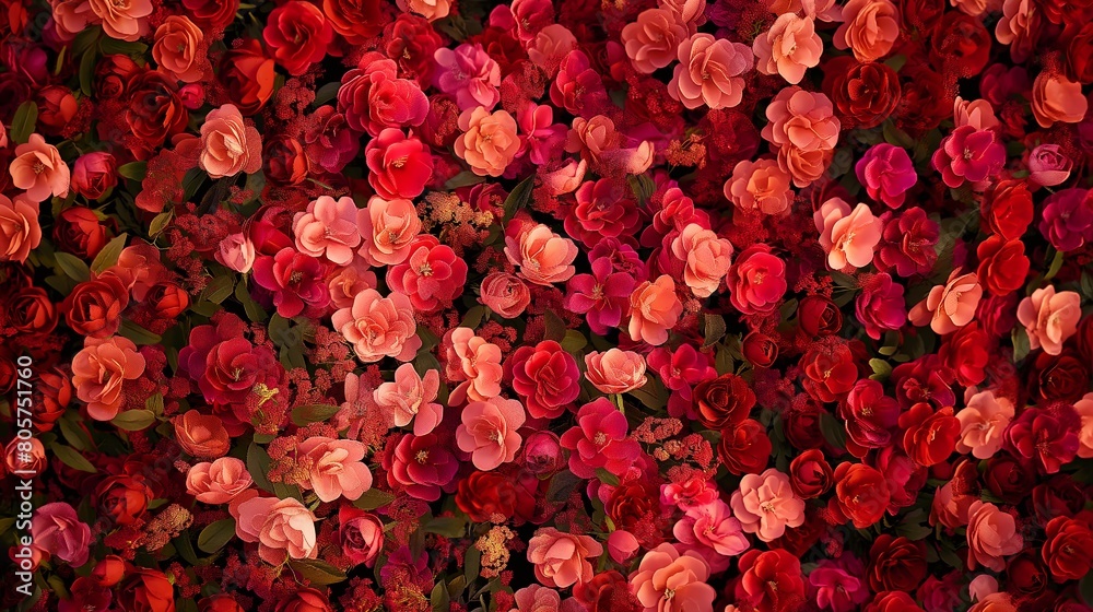 photographed from above with a pattern, red and rose hues, and hundreds ...