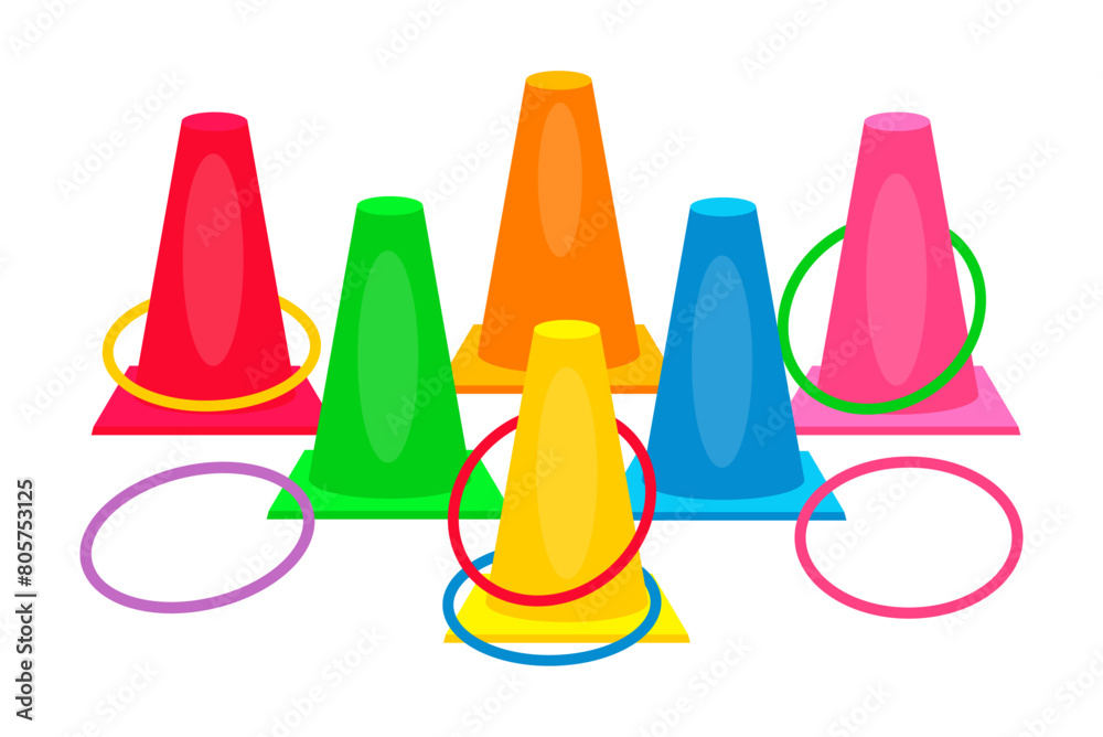 Plastic colorful sports cones with hoops for activity game. Activity ...