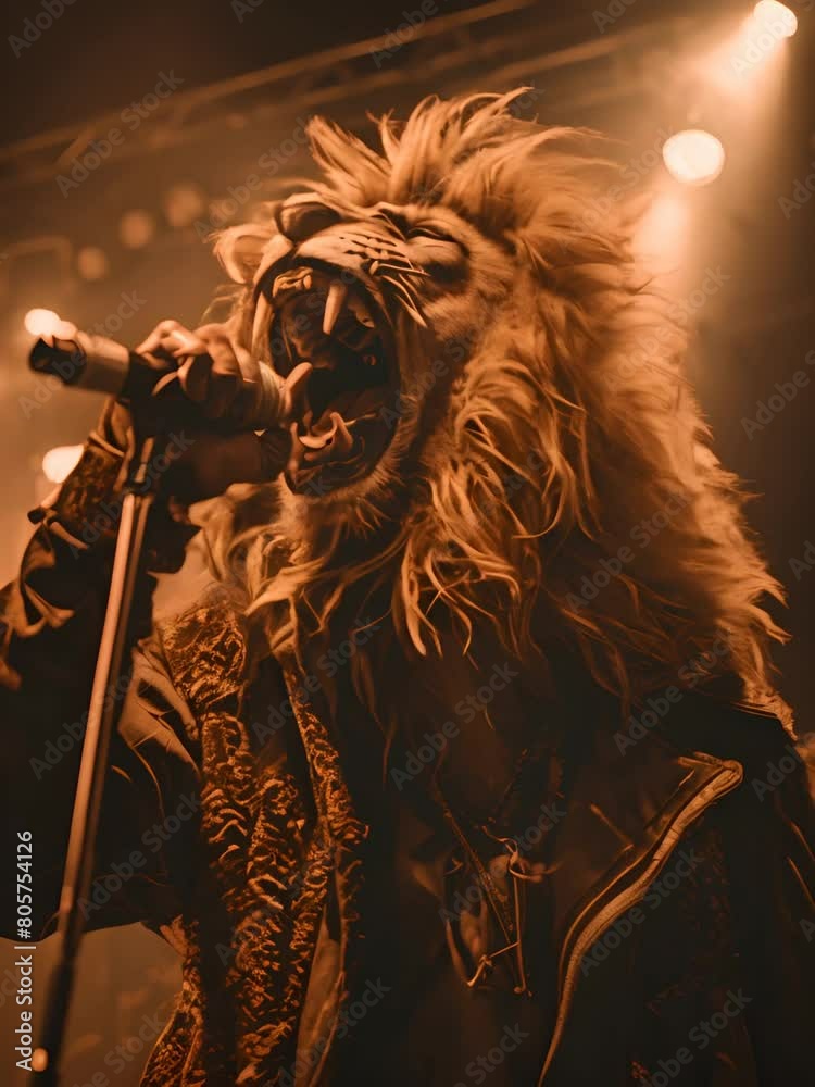 A lion wearing a black leather jacket and a lion mask is singing into a ...