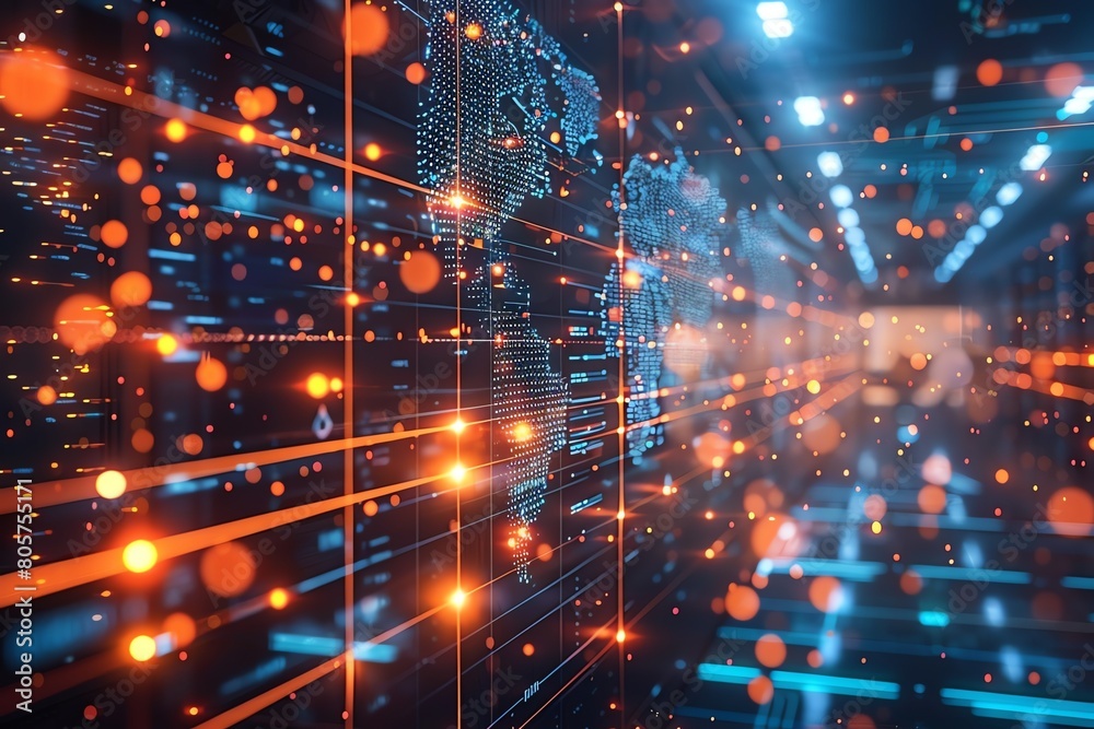 Virtual connectivity map glowing in a hightech room, symbolizing global ...