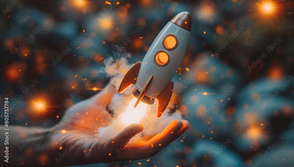 Businessman controls rocket is launching and soaring, flying to the sky ...