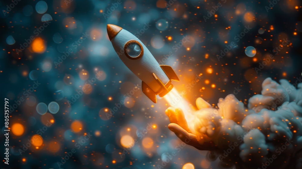 Businessman controls rocket is launching and soaring, flying to the sky ...