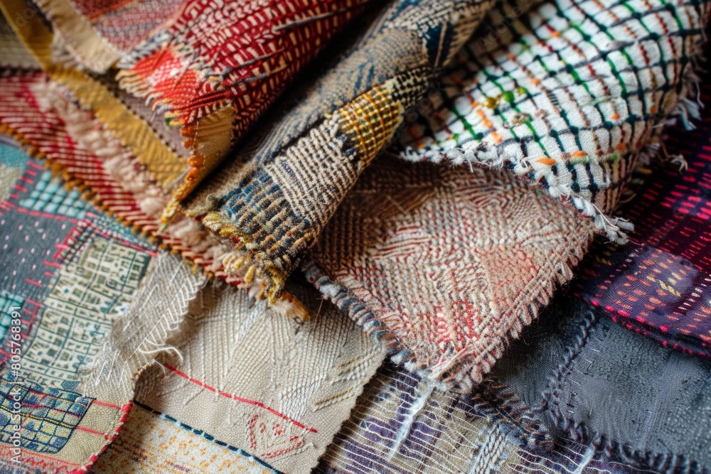 Textured surface of vintage fabric swatches, showcasing retro patterns ...