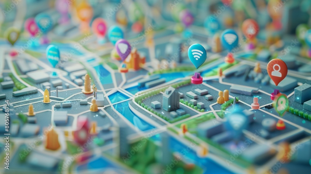 Dynamic visualization of colorful icons popping over a smart city map ...