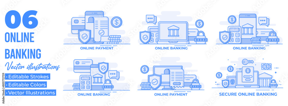 Set of flat illustrations of online banking and mobile payment, log ...