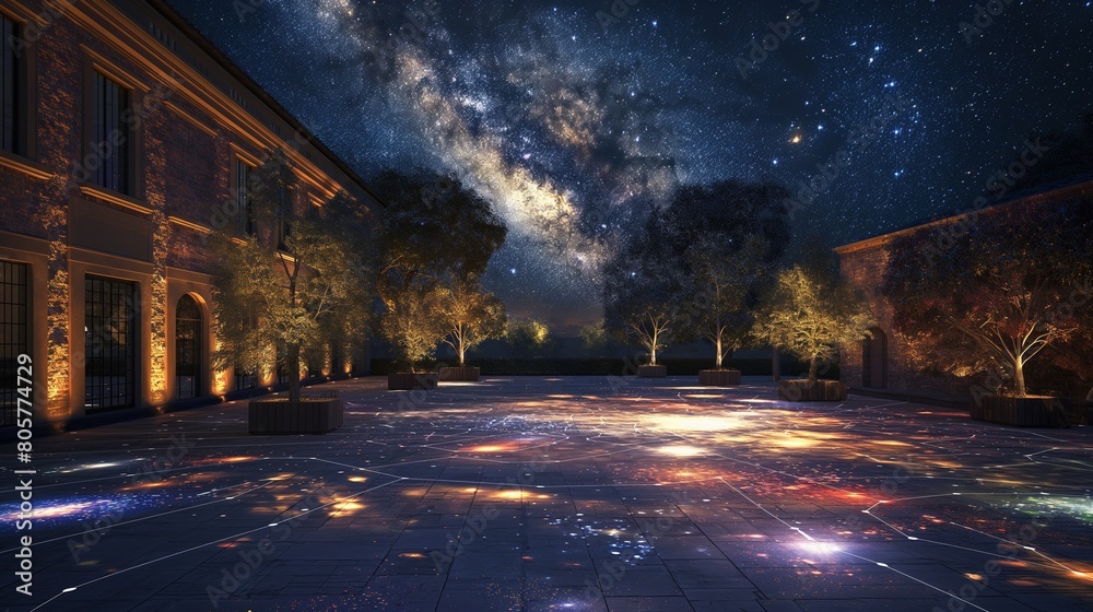 An outdoor courtyard at night, bathed in a celestial light projection ...