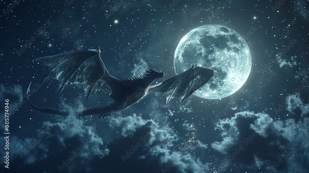 3D render of a majestic dragon soaring under a full moon, with its ...