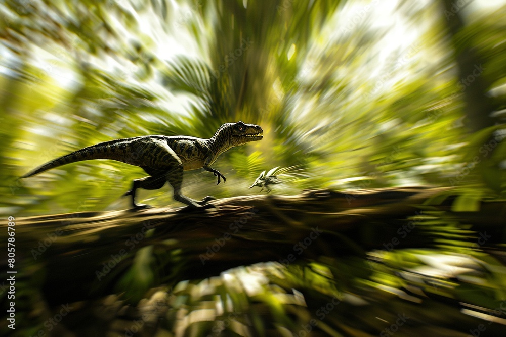 A Velociraptor in mid-leap over a fallen tree, targeting a small ...