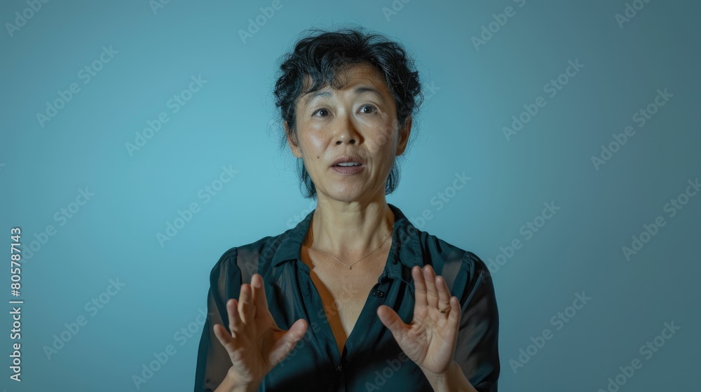 The picture of the interpreter is using the hand signal with the blue ...