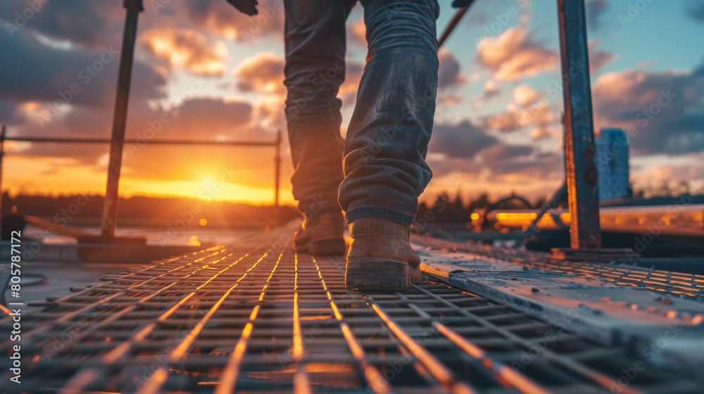 Legs of construction worker at work on a building or house construction ...