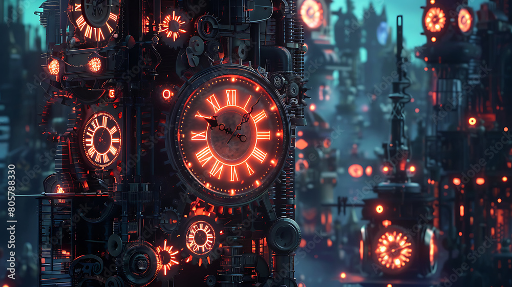 Clockwork city: Towering gears, blue neon lights. Fantasy world ...