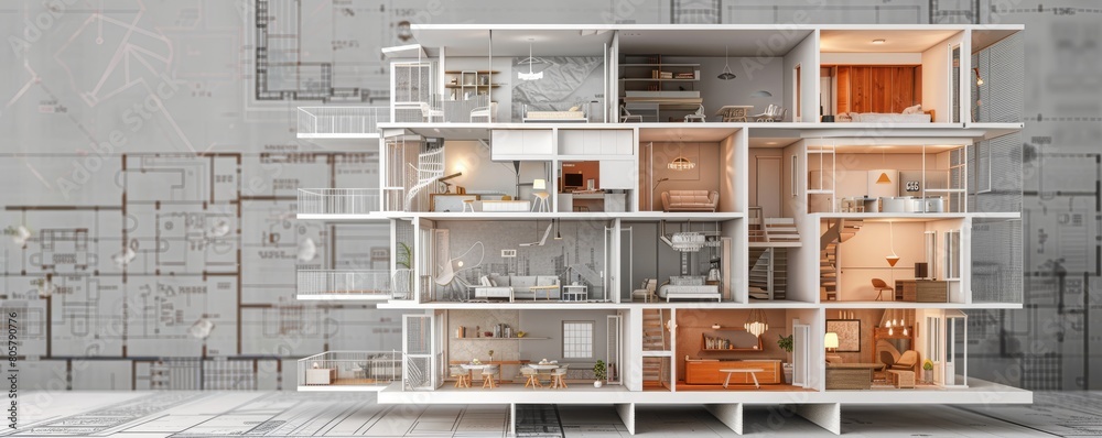 Detailed cross-section of a modern multi-story apartment building and ...