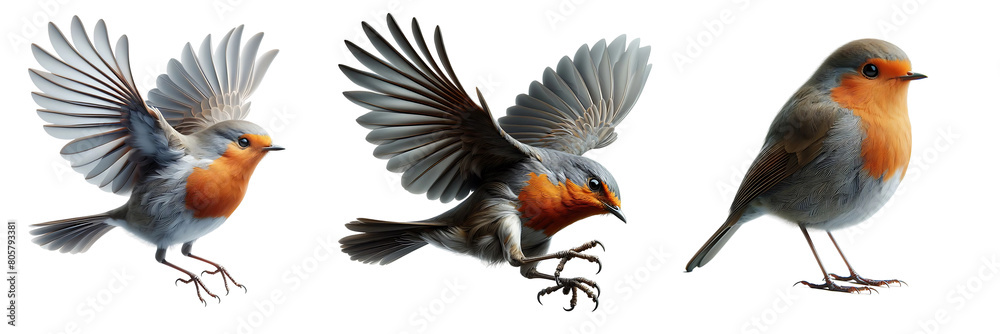 Detailed Set of Robin Birds Flying, Standing, and Attacking, Isolated ...