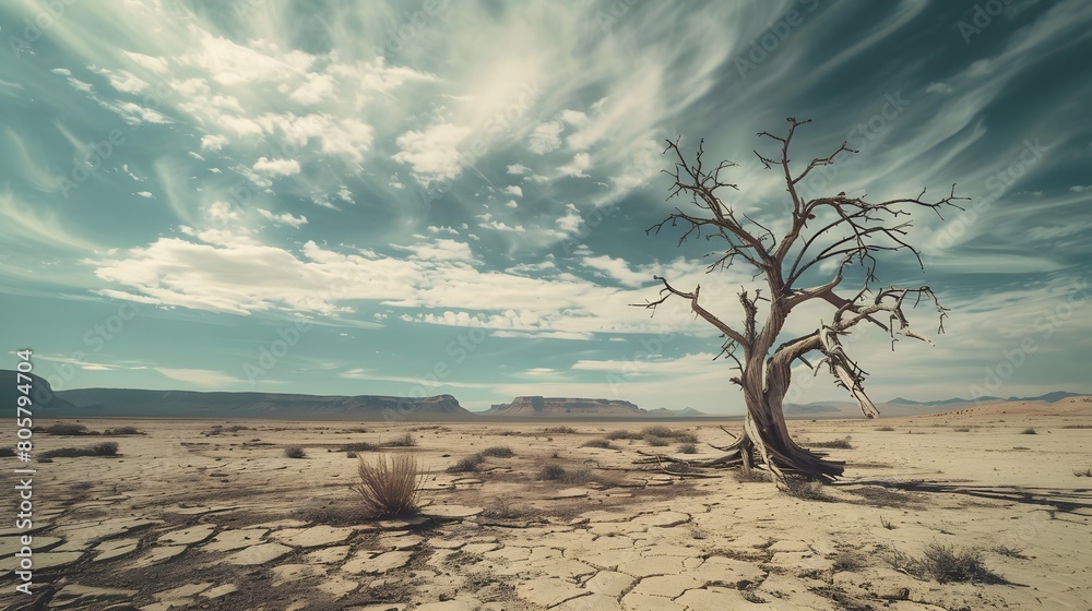 A desolate desert landscape featuring a dead tree standing tall against ...