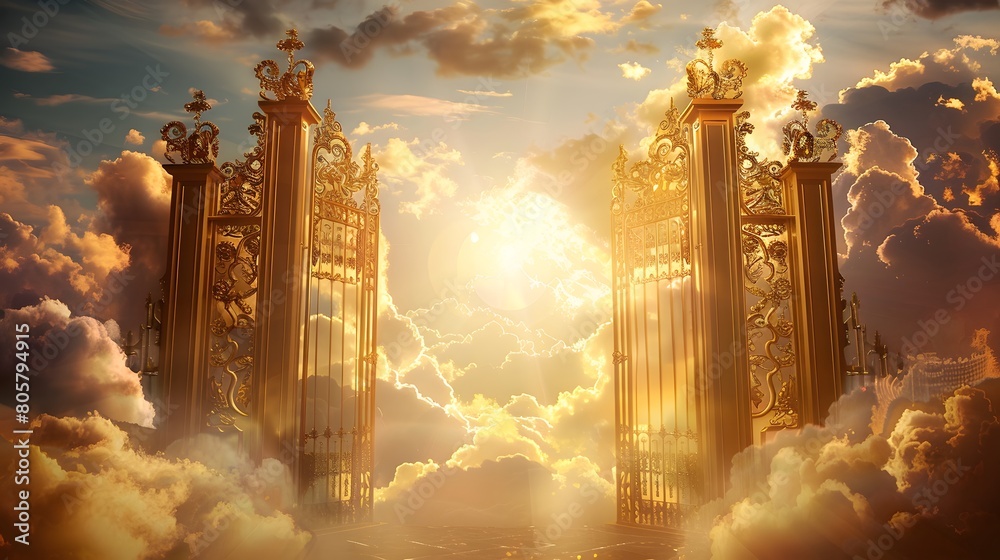 Golden Gates of heaven with sunshine in clouds. Stairway to heaven in ...