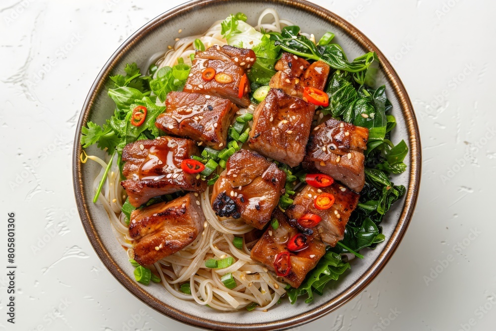 Vietnamese cao lau noodles with char siu pork and greens Stock Photo ...