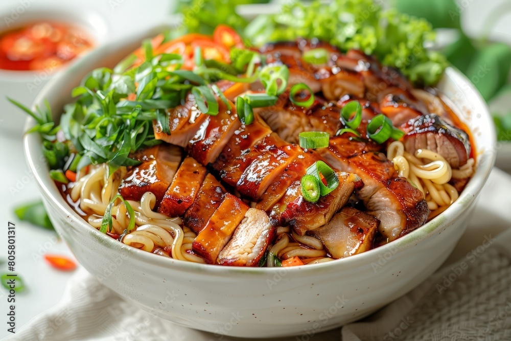 Vietnamese cao lau noodles with char siu pork and greens Stock Photo ...