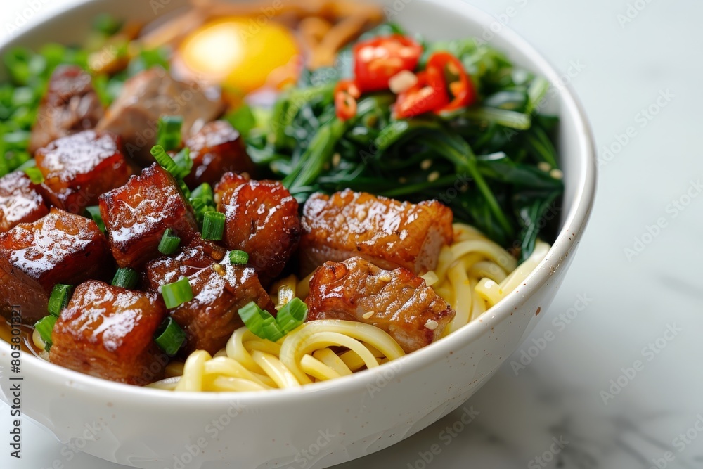 Vietnamese cao lau noodles with char siu pork and greens Stock Photo ...