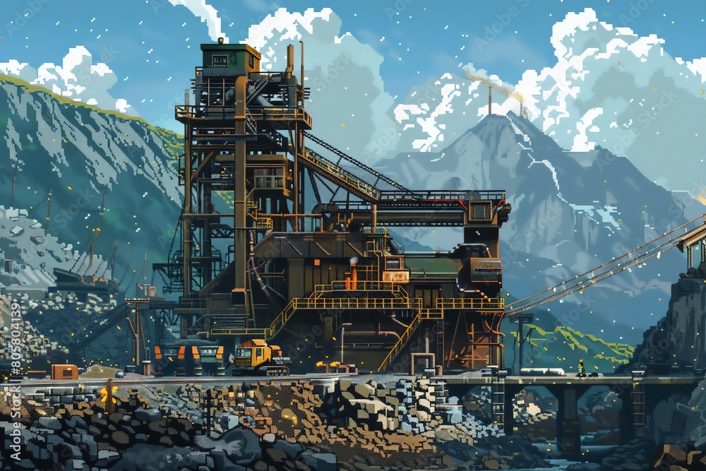 visually striking side view coal mining scene in a pixel art style ...