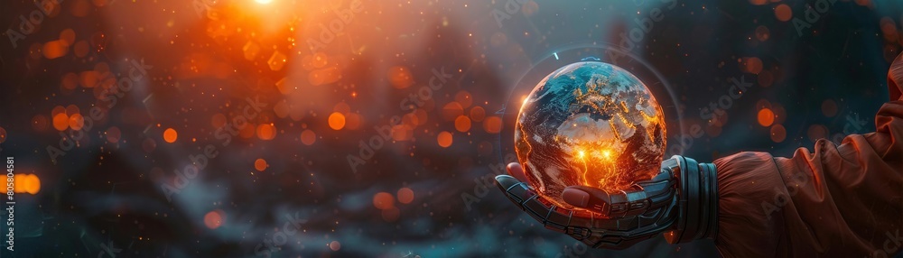 Meteorologist in a weather station holding a globe with weather ...