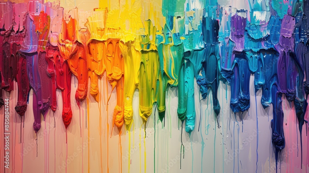 This image shows a variety of colors dripping down a wall, with a ...