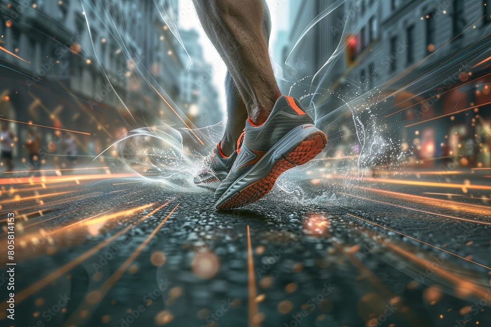 Low angle shot of marathon runners feet on a city street bathed in the ...