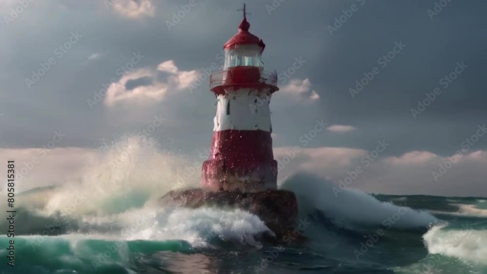 Lighthouse on the rocks by the raging waves. Lighthouse on sea rock ...