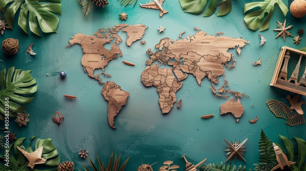 Featuring a world map and miniature landmarks, this creative flat lay ...