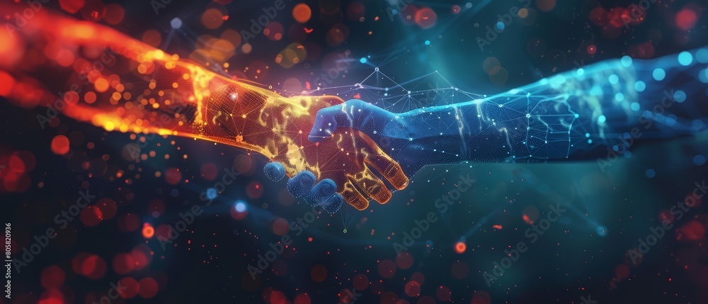 Human and digital connection handshake blends real and virtual ...