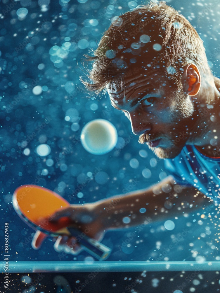 Close-up image of a ping pong player in motion, ideal for use in ...