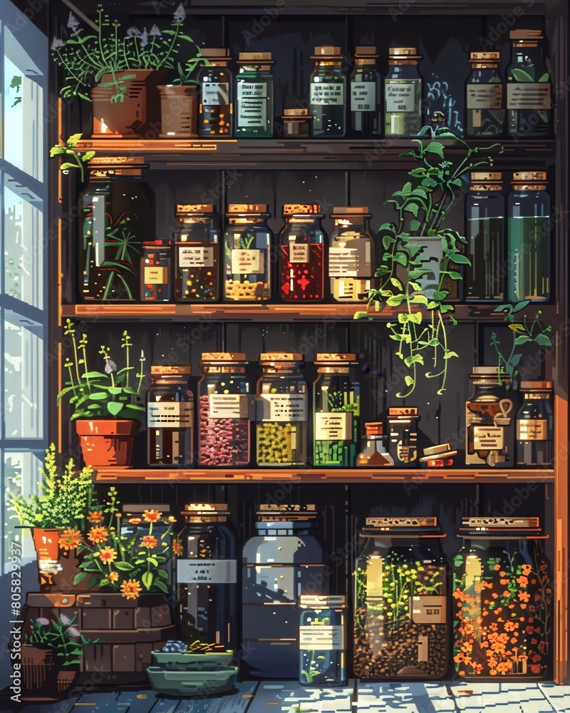 digital pixel art composition of a cozy home kitchen shelf filled with ...